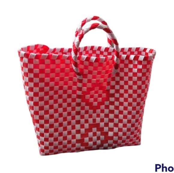 Bags | Small Red And White Plastic Woven Purse New | Poshmark